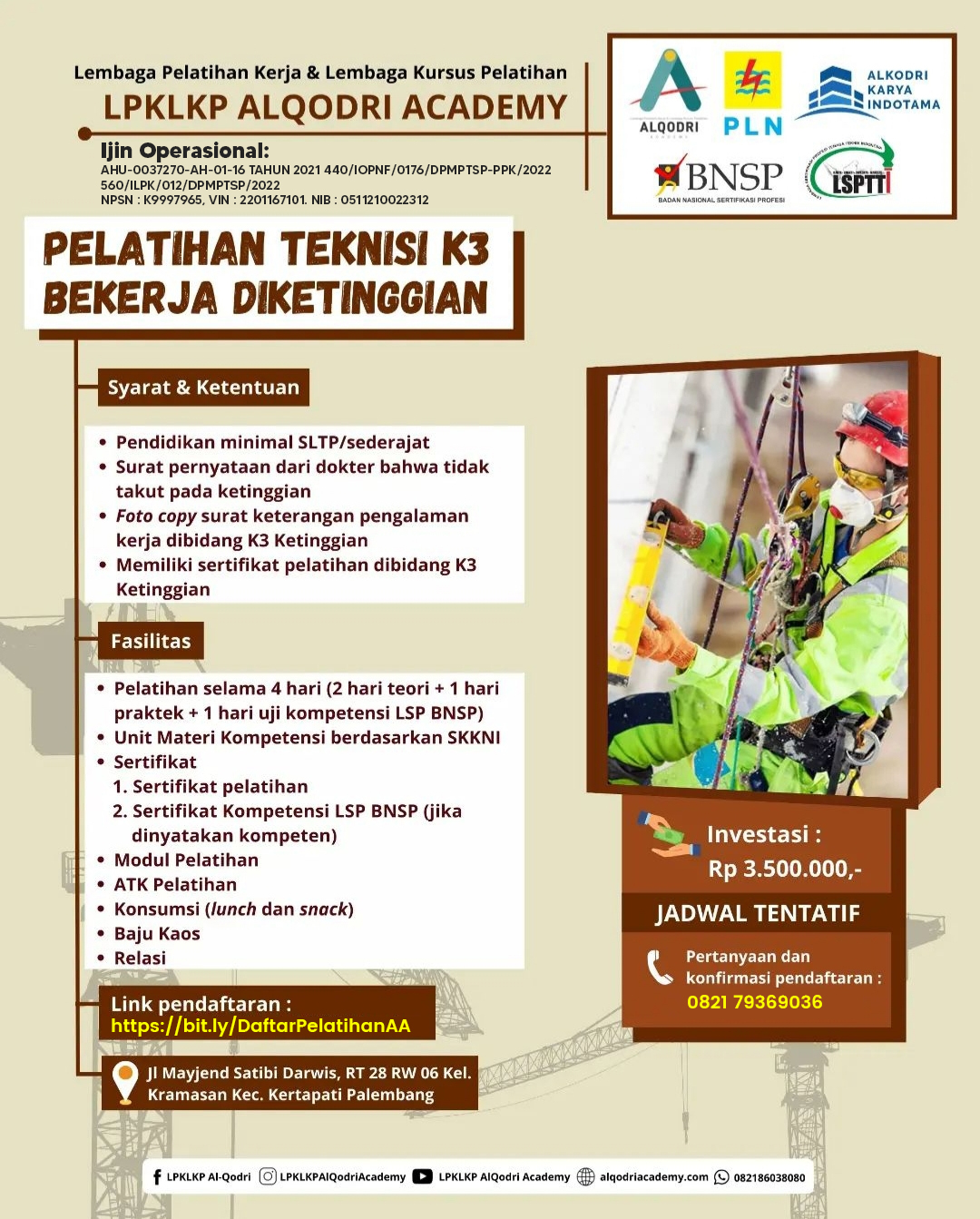 PELATIHAN DAN SERTIFIKASI TEKNISI K3 BEKERJA DI KETINGGIAN BNSP ...